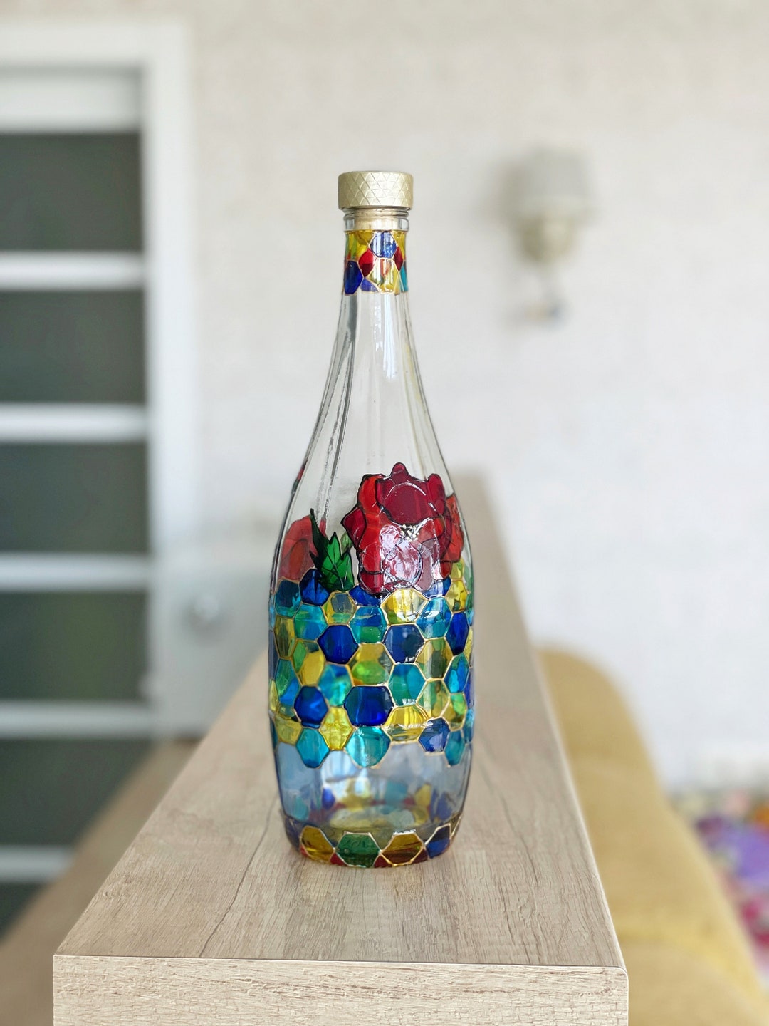 Decorative Stained Glass Bottle, Stained Glass Bottle, I Love Ukraine ...