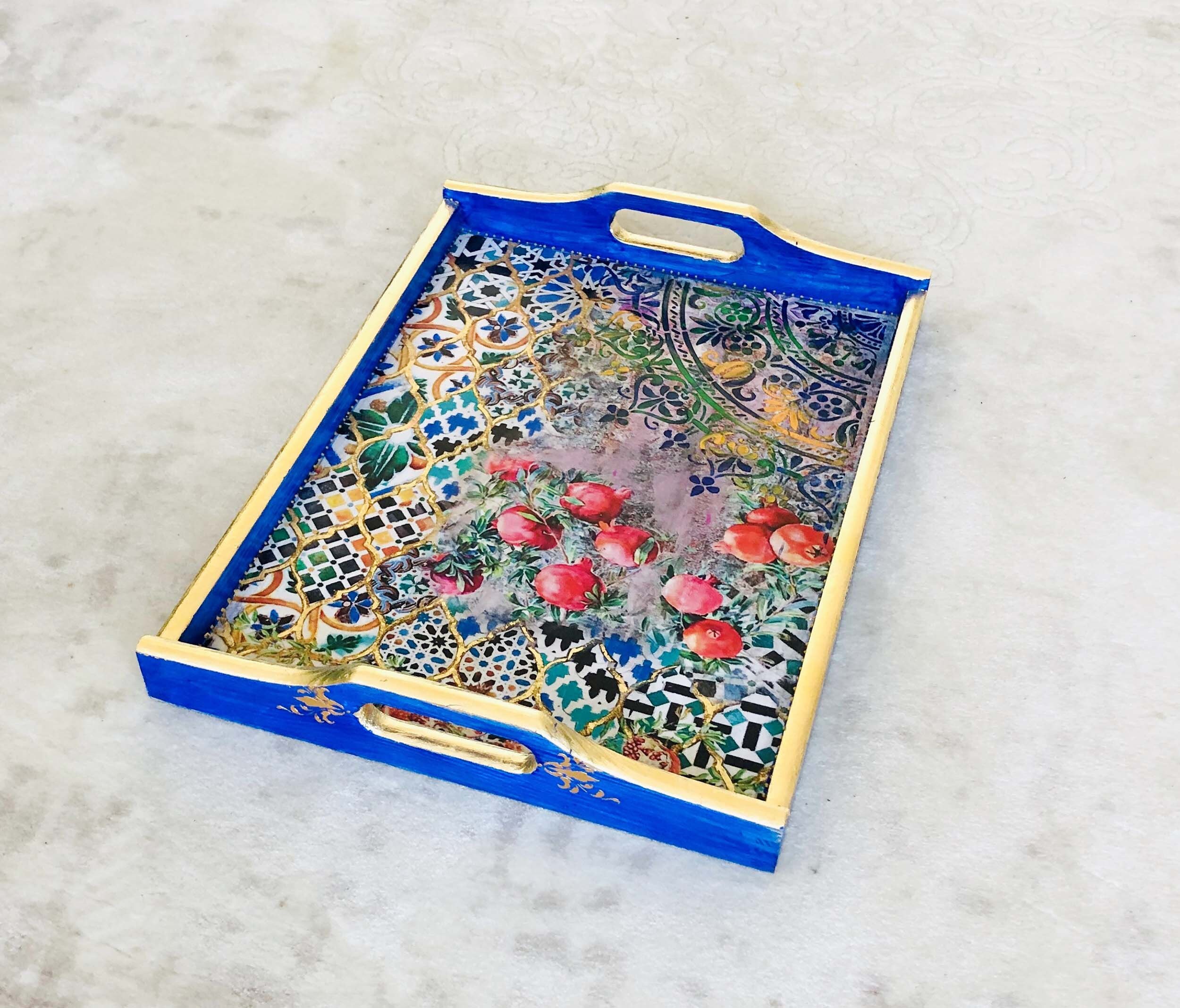 Blue Tray Pomegranates Tray With Handles Breakfast Tray With - Etsy