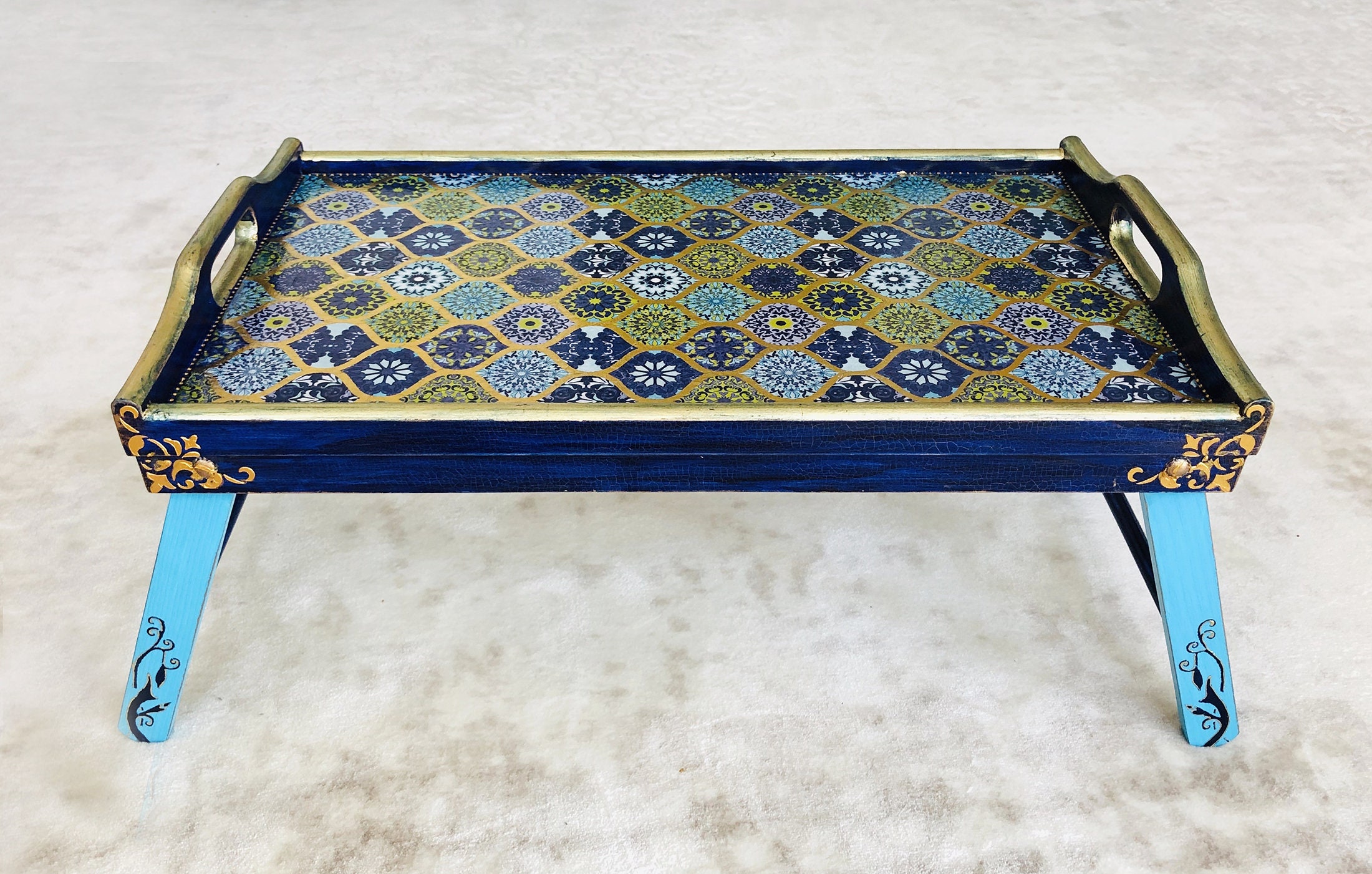 Blue Coffee Table Tray Folding Breakfast Table Breakfast | Etsy