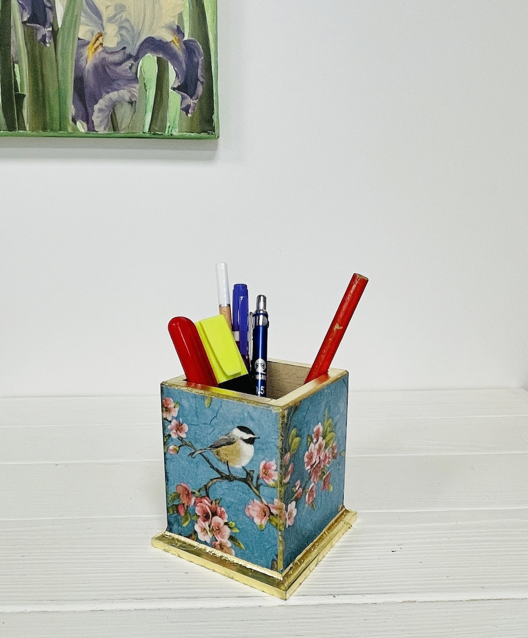 Chinoiserie Birds Pen Holder, Wooden Desk Organizer, Makeup Brush Stand ...