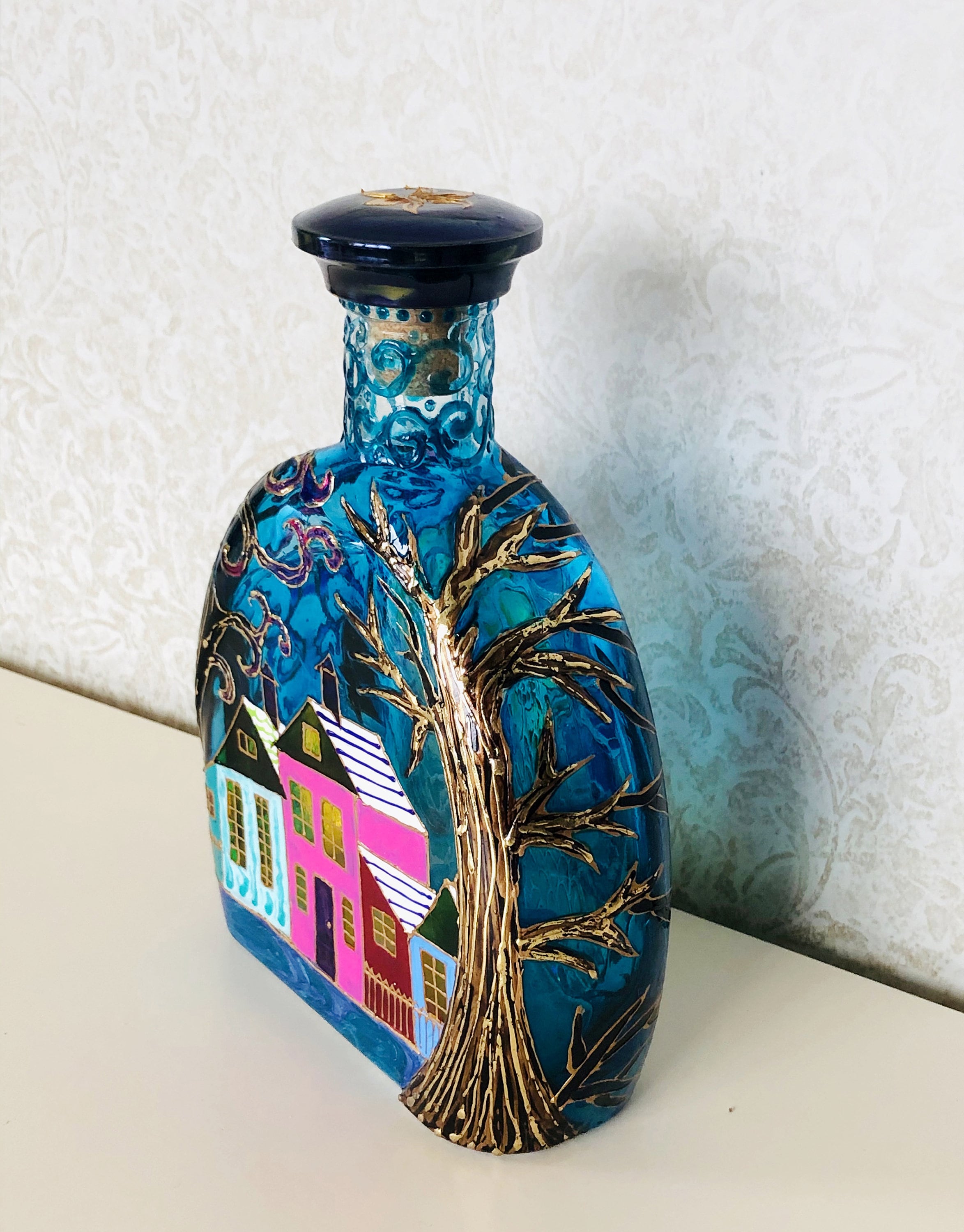 Stained glass bottle Colored houses Decorative bottle Hand | Etsy