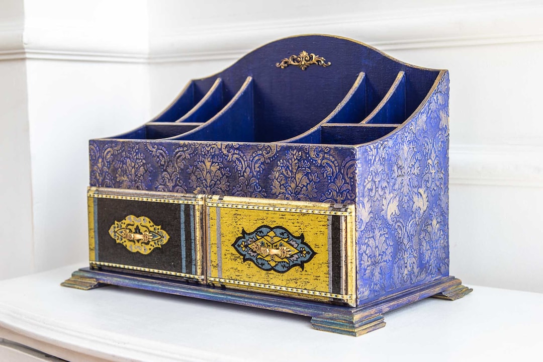 Dark Blue Organizer for Vanity Table, Makeup Storage Chest, Desktop ...