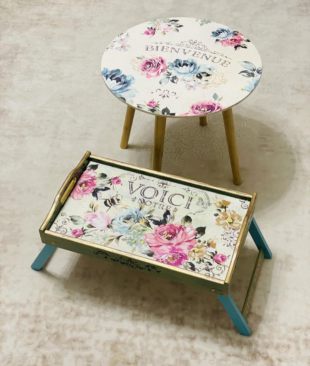 Floral Bedside Table & Breakfast Tray Set – Handmade Decoupage Tables ...