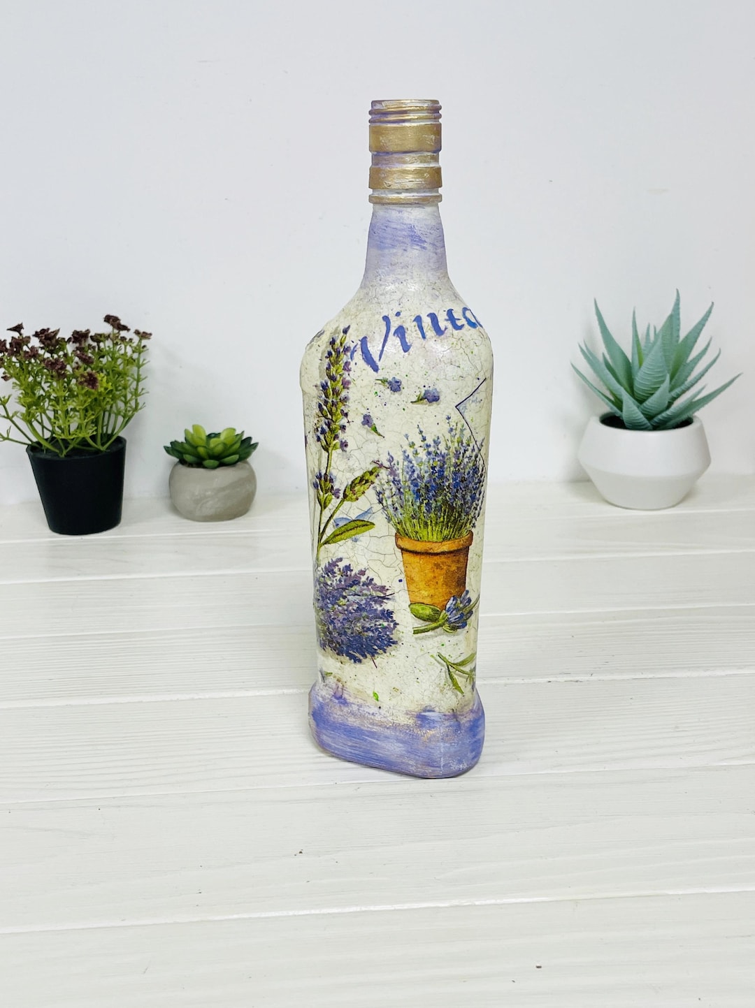 Decorative Glass Bottle Lavandula, Hand Painted Bottle, Lavanda Bottle ...