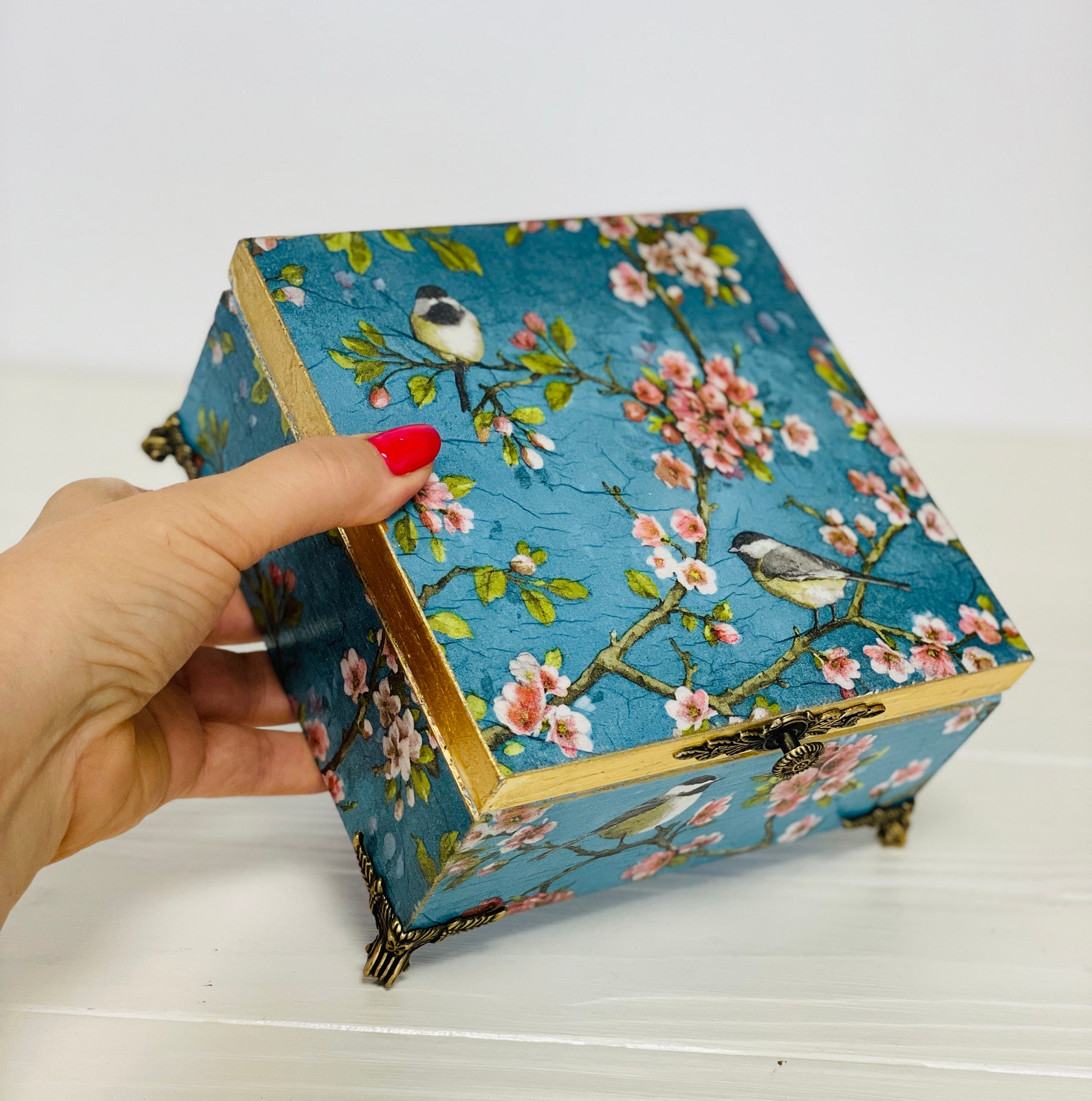 Blue Tea Box, Storage Box Chinoiserie Birds, Tea Bag Holder, Desk ...