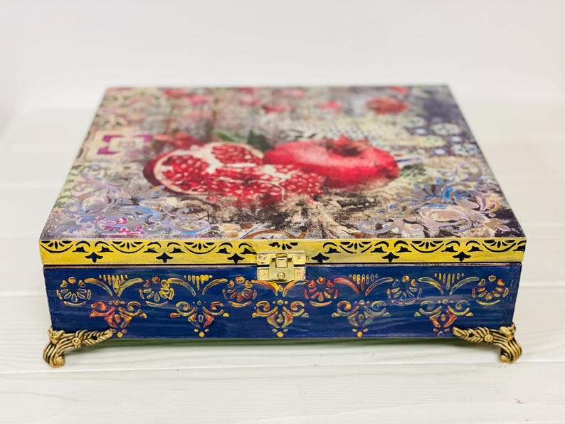 Large Tea Box Red Pomegranates, Wood Gift Box, Accesory Holder, Storage ...