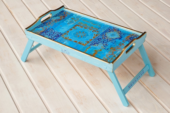 Breakfast Table With Legs Folding Breakfast Table Laptop Stand Blue Bed Tray Breakfast in Bed Tray Wooden Serving Tray Blue Furniture Etsy