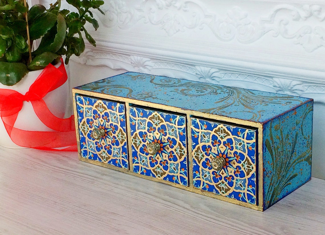 Blue Mini Chest of 3 Drawers Blue Box Jewelry Box Vanity - Etsy