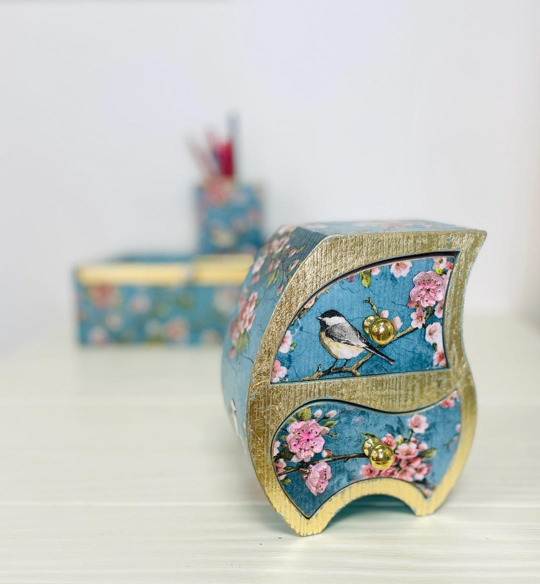 Chinoiserie Bird Jewelry Box, Decoupage Trinket Chest, Desktop ...