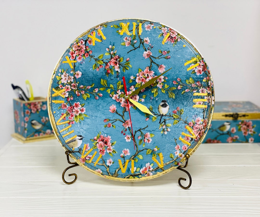 Blue Wall Clock Chinoiserie Birds, Clock With Numbers, Decorative Wall ...