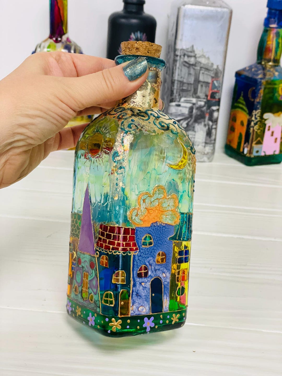 Stained Glass Bottle, Ready to Ship, Colored Glass, Hand Painted Bottle ...