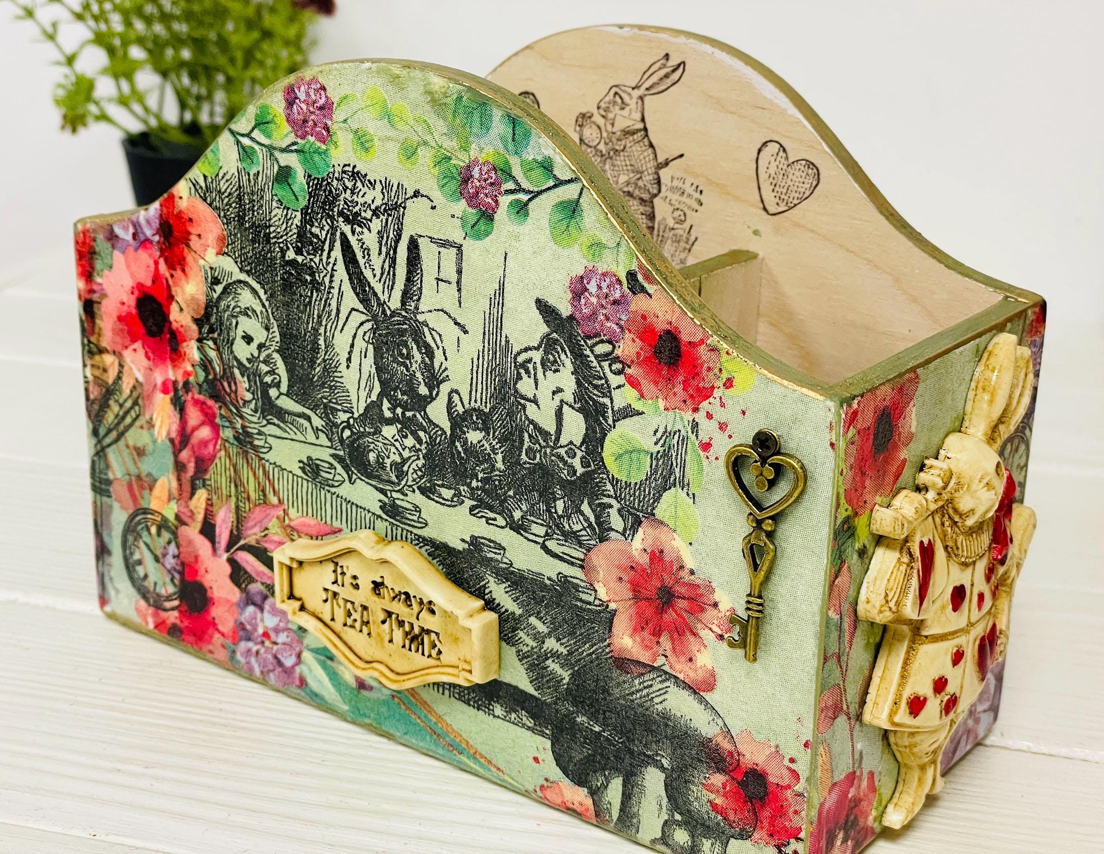 Desktop Organizer Alice in Wonderland, Pen Stand, Wooden Box Storage ...