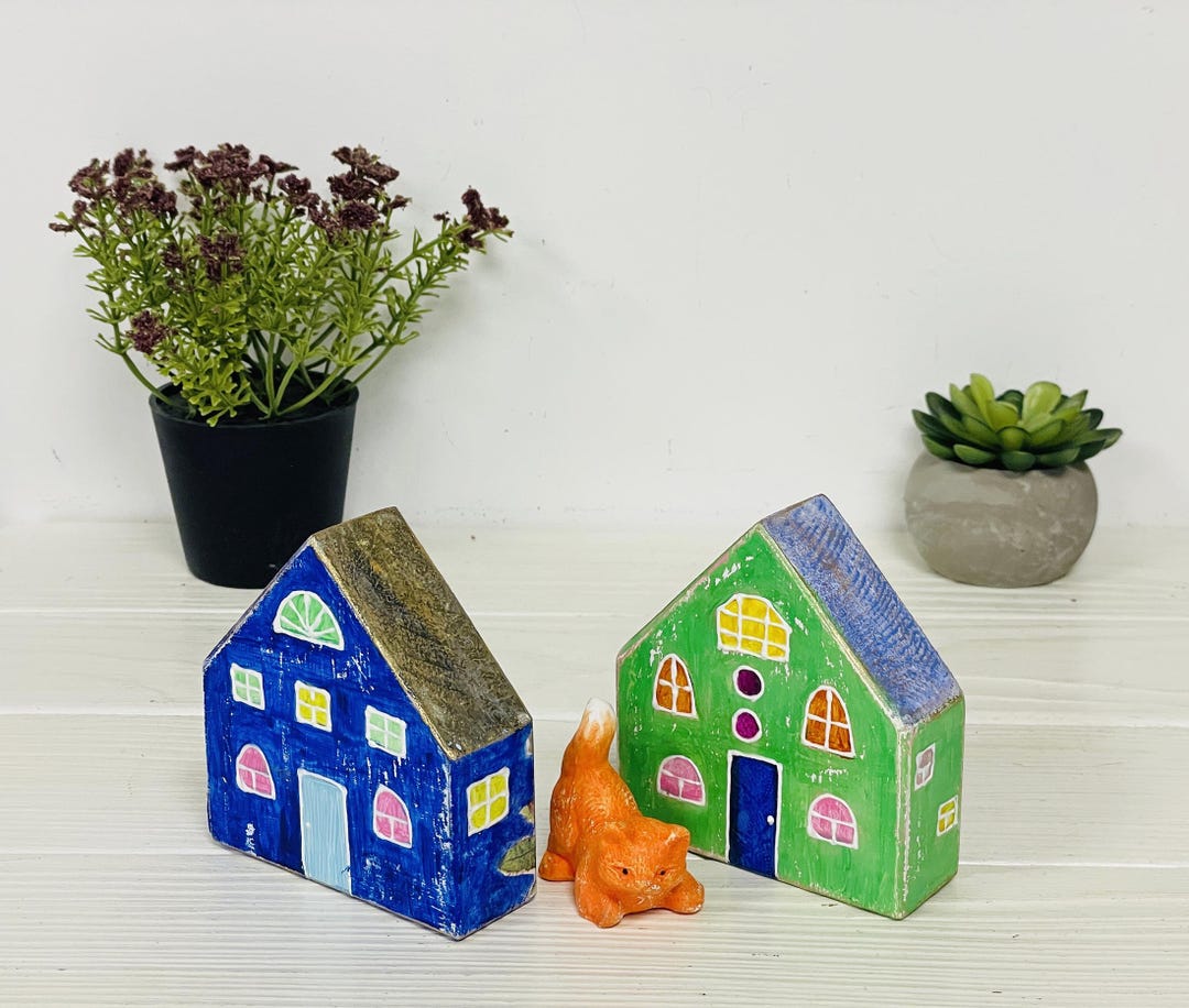 Hand Painted Houses, Colored Houses, Red Cat Home Decor, Miniature ...