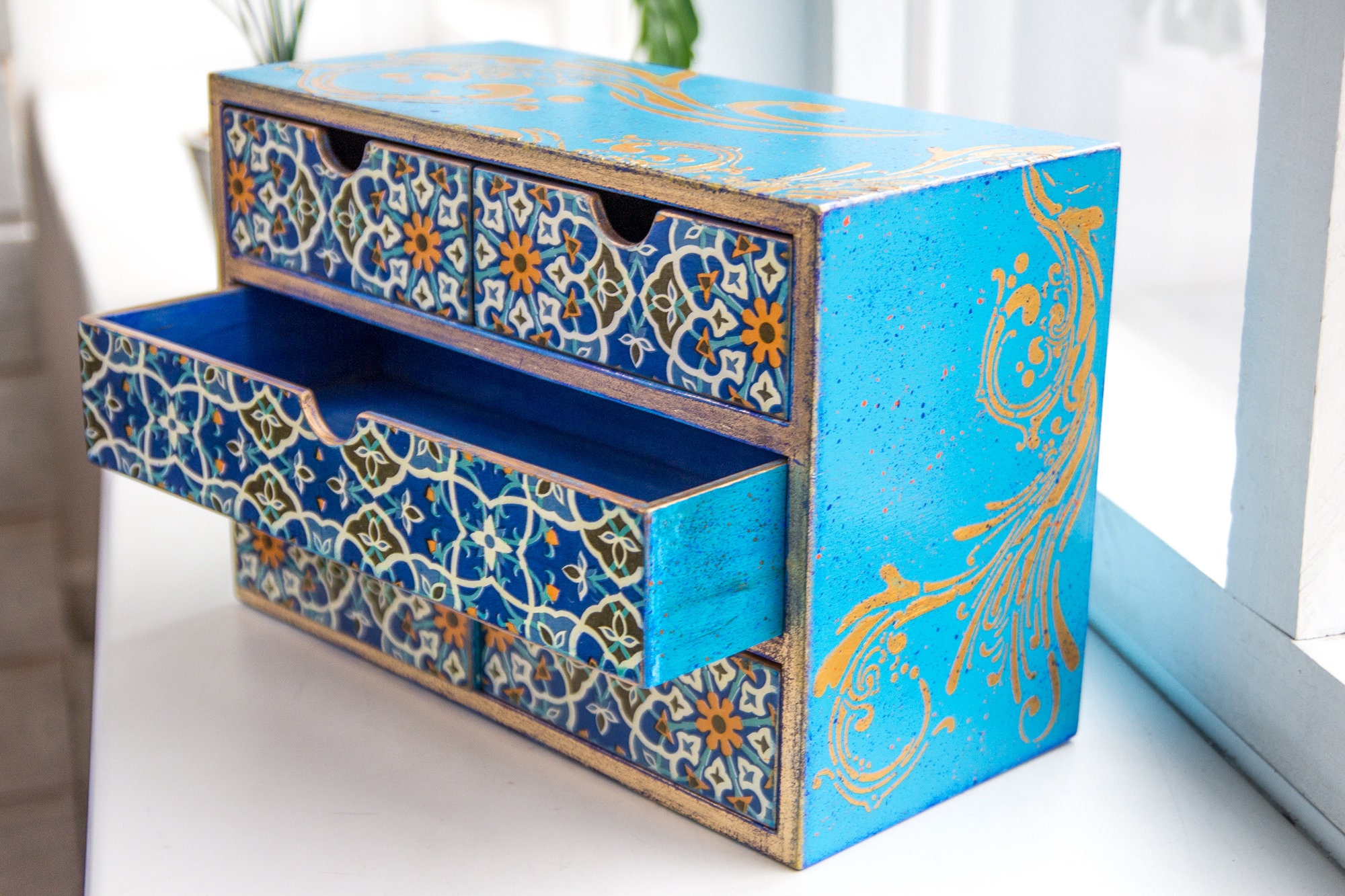Desktop Organizer Blue Gold Makeup Storage Chest Makeup | Etsy