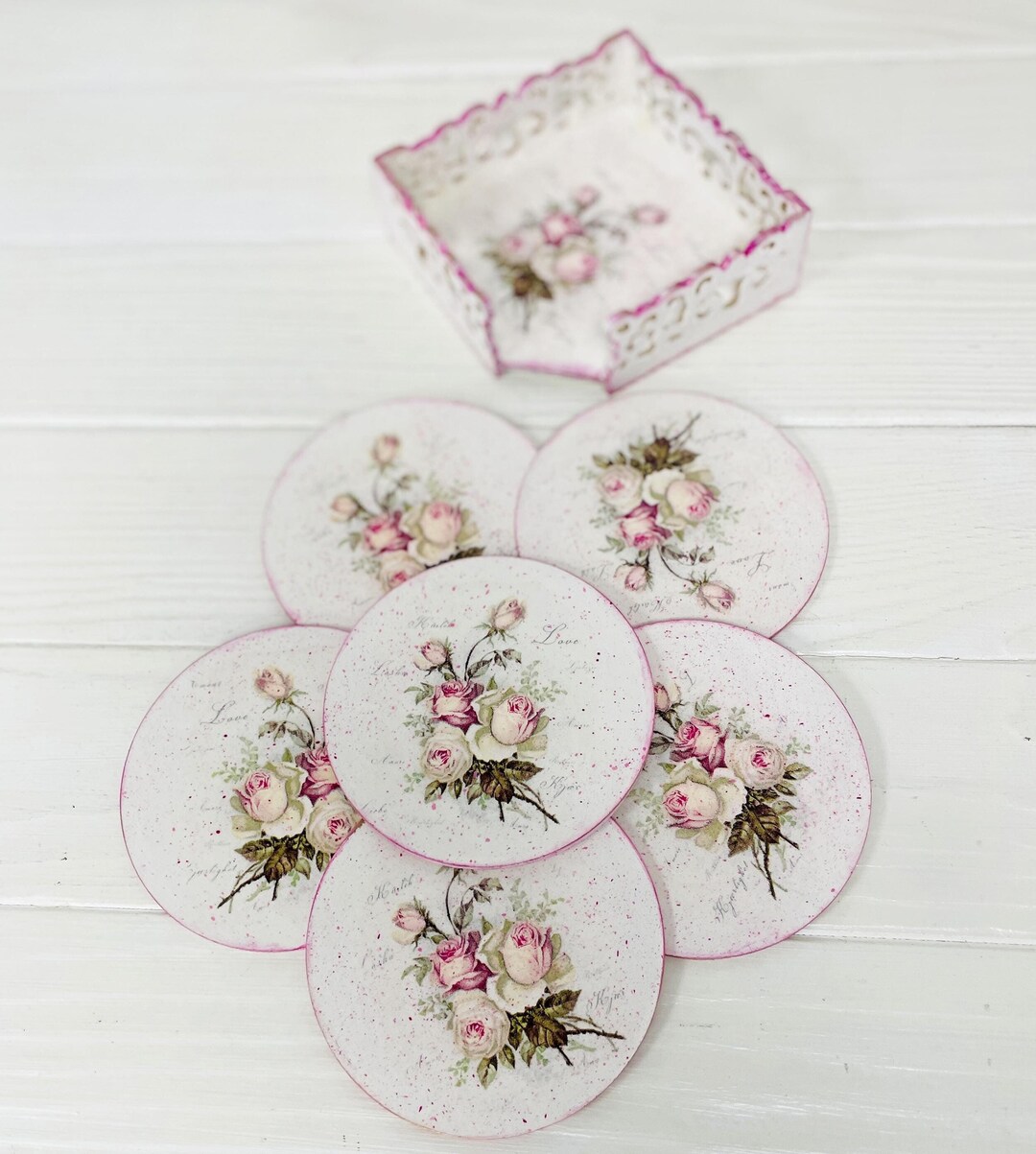 Roses Set of 6 Coasters in Holder, Ready to Ship, Round Cup Coasters ...