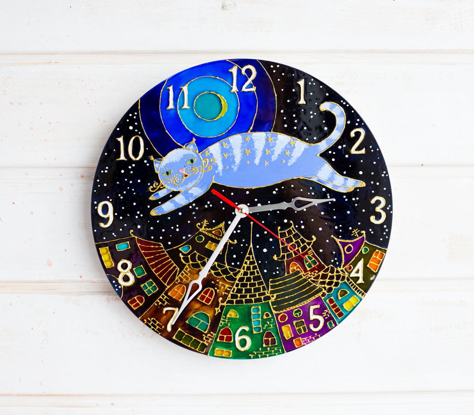 Stained Glass Wall Clock, Cat Clock, 12 Cat Wall Clock, Glass Kitchen ...
