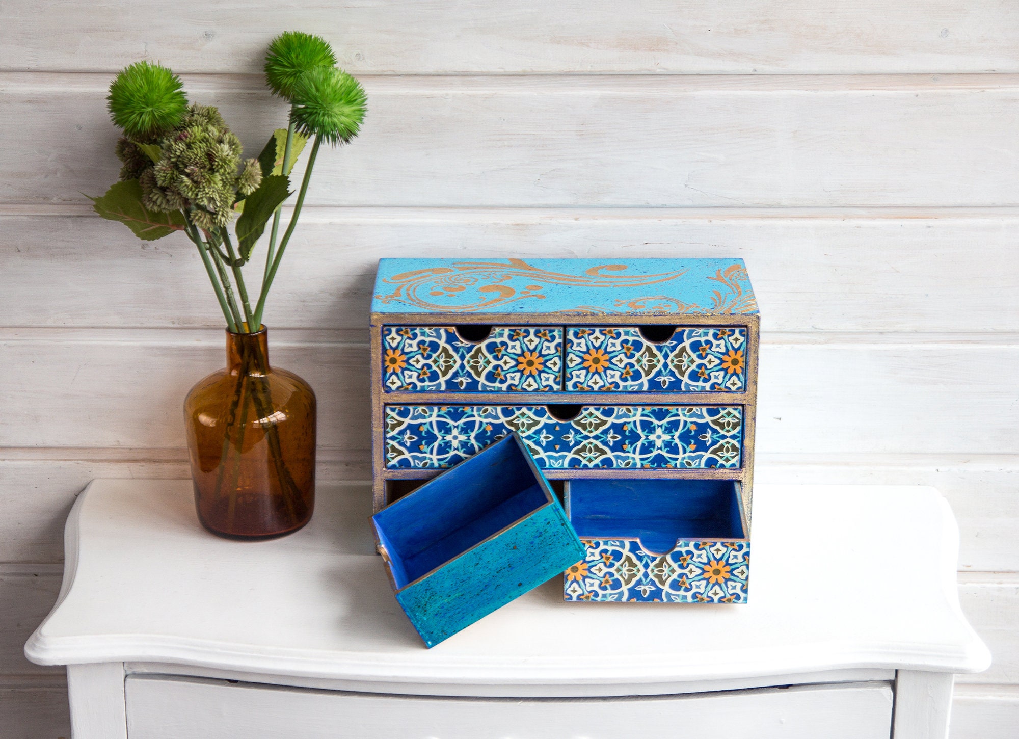 Desktop Organizer Blue Gold Makeup Storage Chest Makeup | Etsy