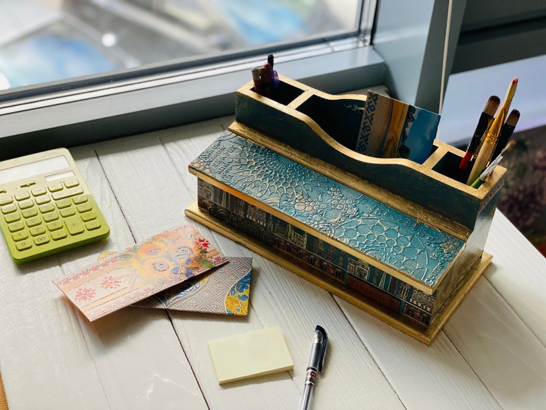 Handmade Wooden Desk Organizer, Decoupage Storage Box London, Desk ...
