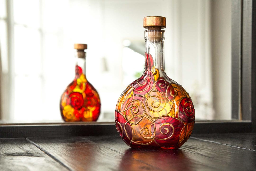 Decorative Glass Bottle, Stained Glass Painting Bottle, Red Orange ...