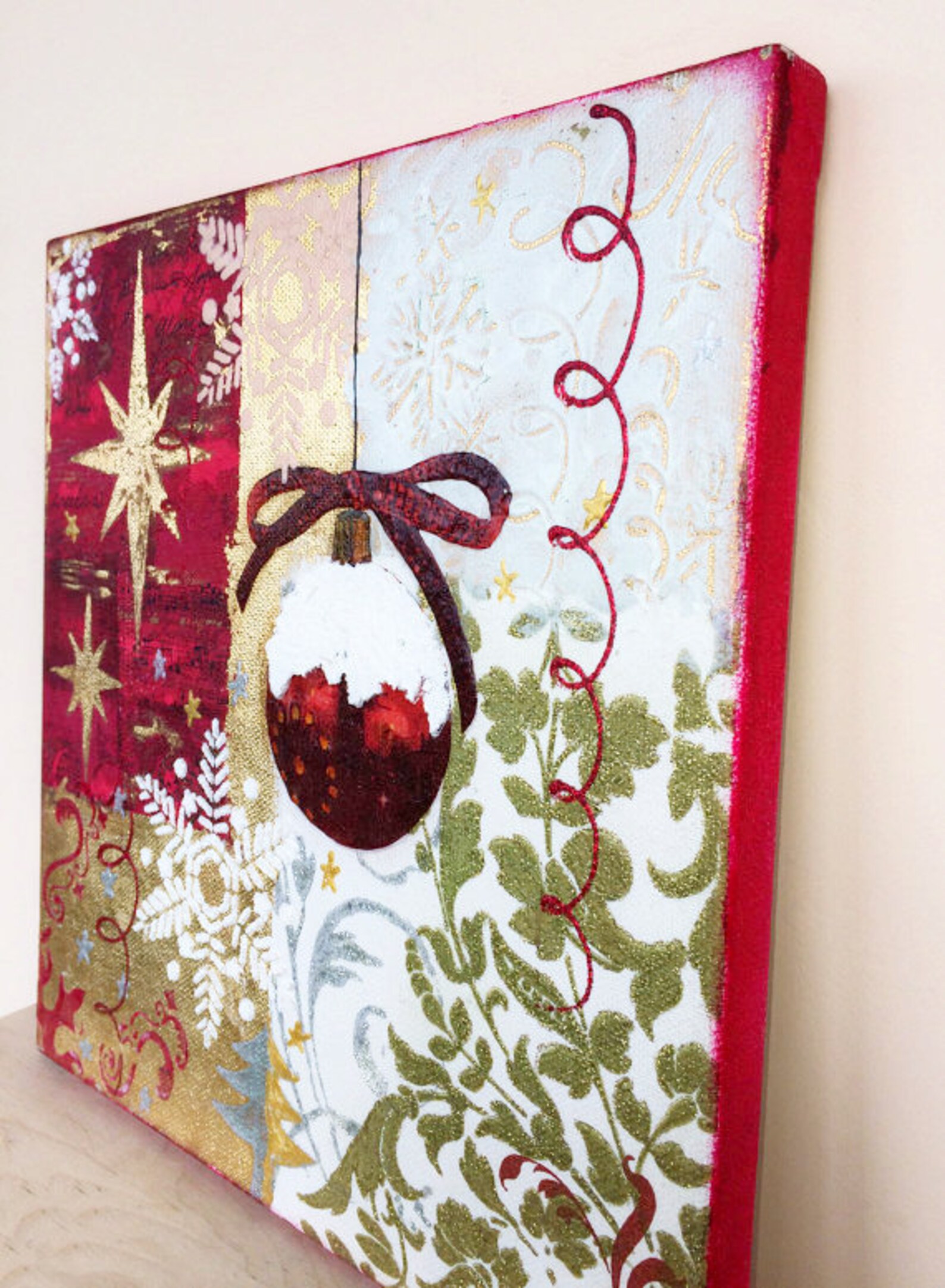 Christmas Acrylic Painting Red Gold Winter Decor Mix Media | Etsy