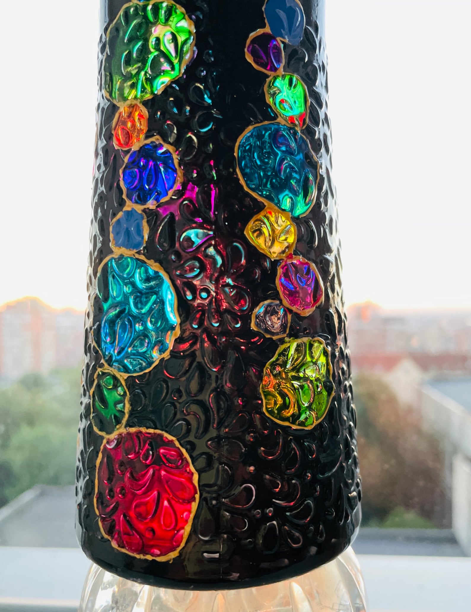 Black Colored Glass Bottle, Stained Glass Painting Black Bottle, Hand ...
