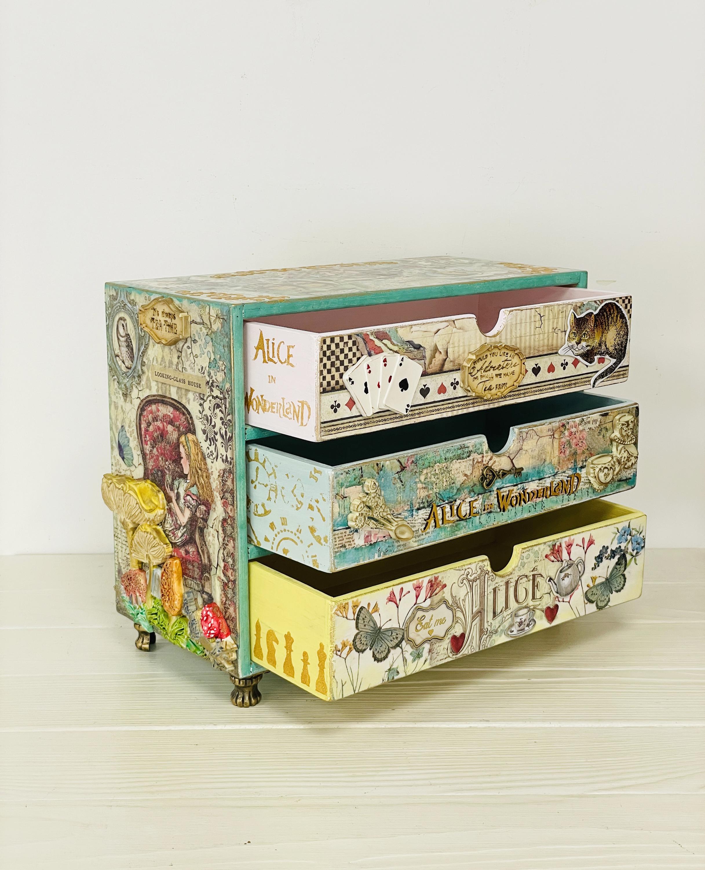 Alice in Wonderland Mini Chest of Drawers, Hand-decorated Jewelry Chest ...