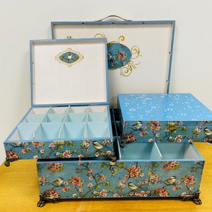 Large Blue Tea Box, Wooden Box, Accesory Holder, Storage Box ...