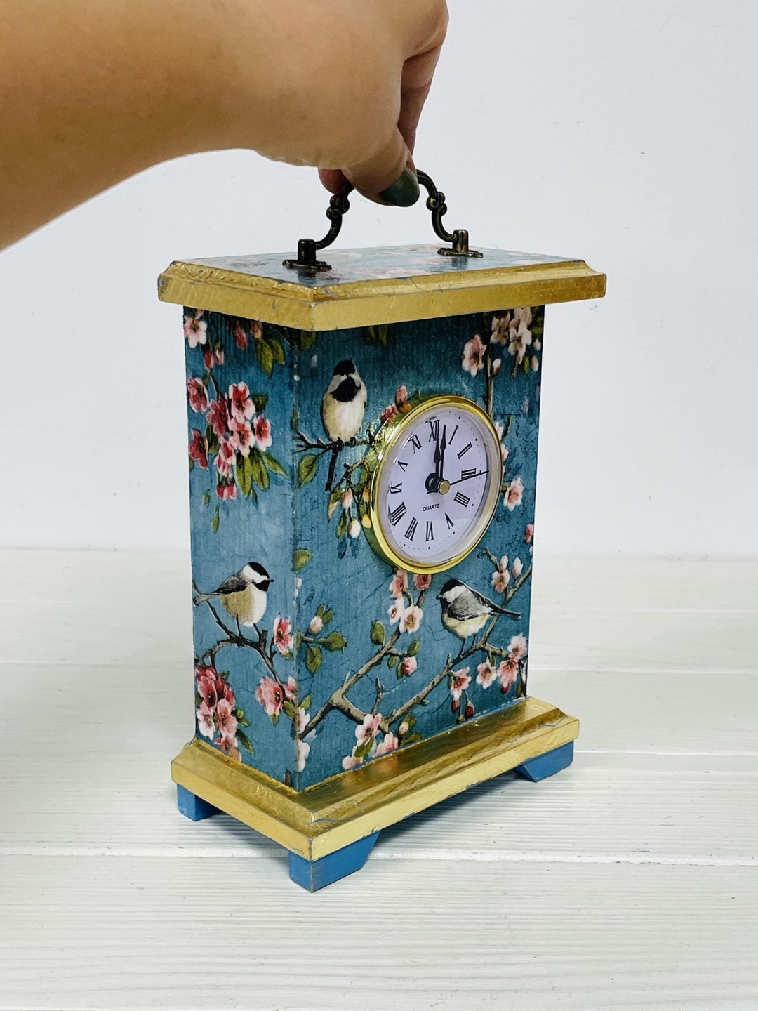Blue Mantel Clock Chinoiserie Birds, Table Clock, Carriage Clock ...