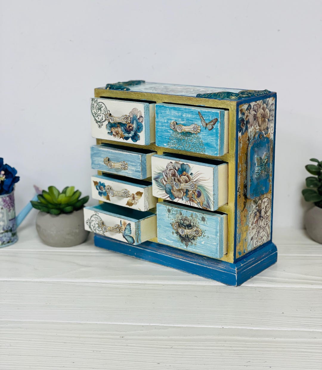 Mini Chest of 7 Drawers, Trinket Drawers, Gift for Her, Blue Jewelry ...