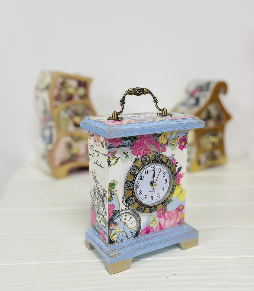 Blue Mantel Clock Alice in Wonderland, Ready to Ship, Carriage Clock ...