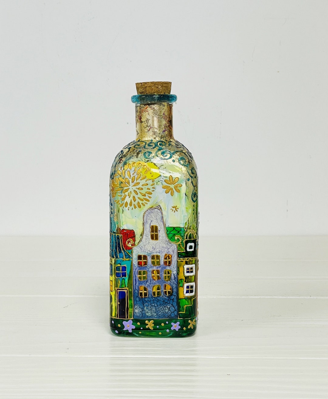 Stained Glass Bottle, Ready to Ship, Colored Glass, Hand Painted Bottle ...