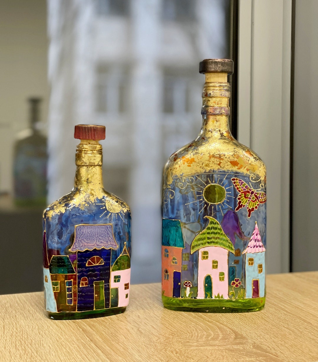 Stained Glass Bottle Decorative Bottle Hand Painted Wine - Etsy