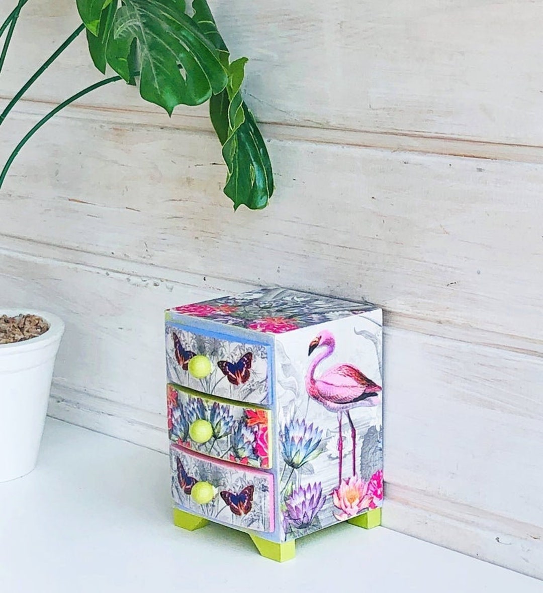 Trinket Box Pink Flamingo, Mini Chest of 3 Drawers, Jewelry Box ...
