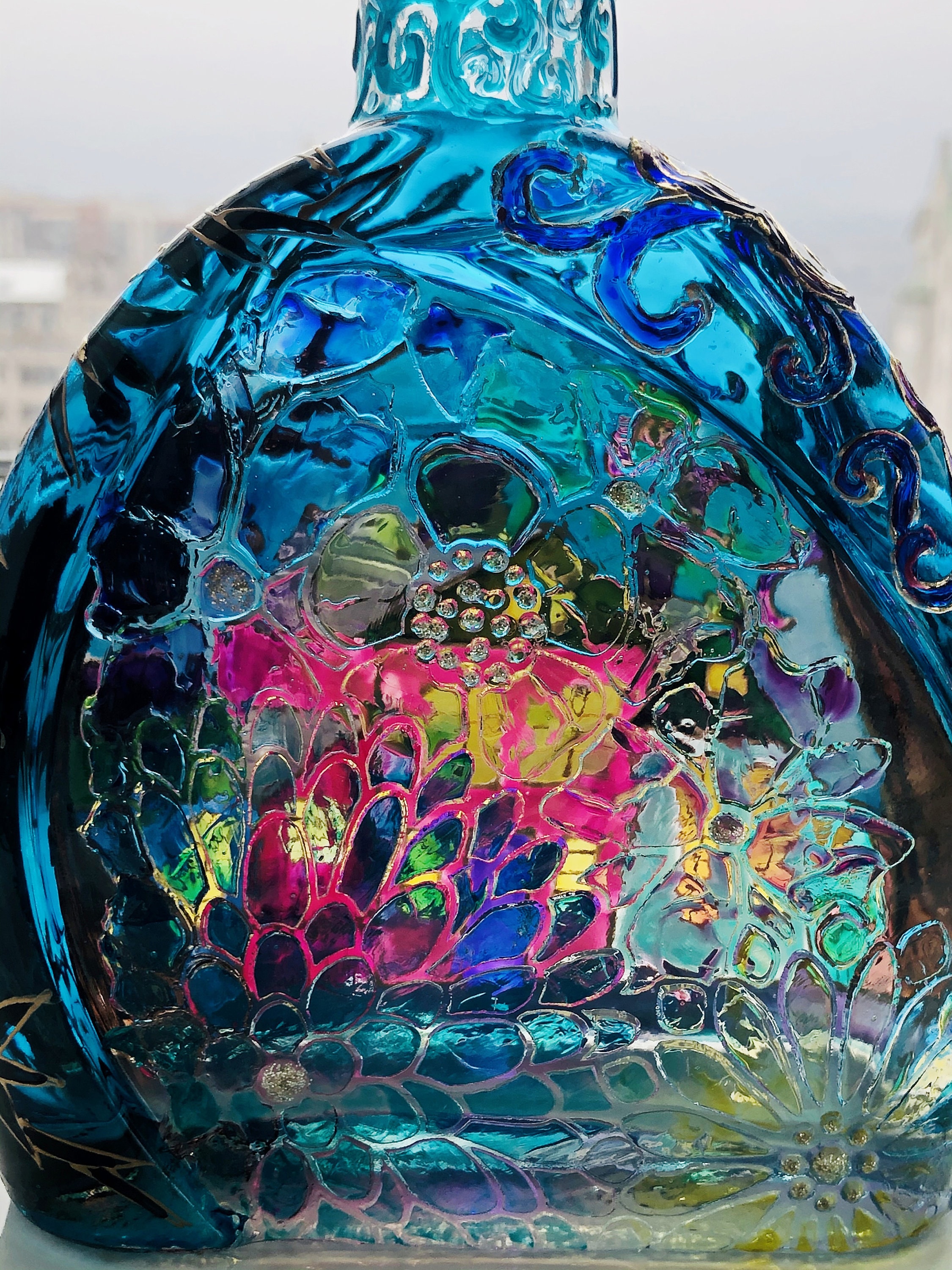 Stained glass bottle Colored houses Decorative bottle Hand | Etsy