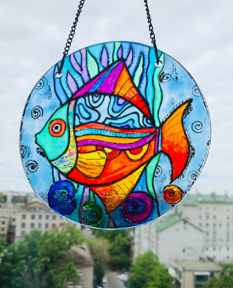 Stained Glass Suncatcher Golden Fish Window Hanging Glass | Etsy