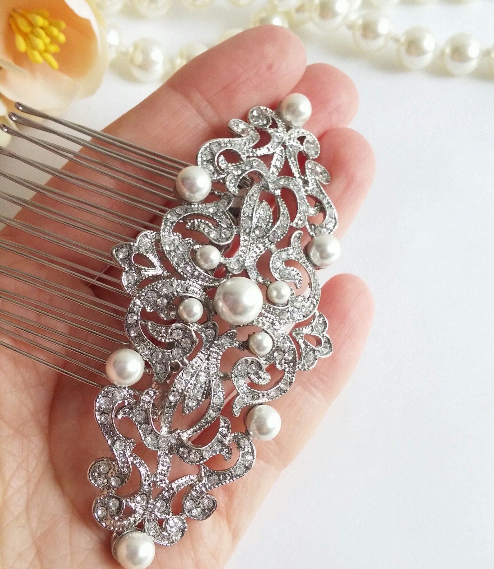 Silver Emerald Green Crystal Pearls Hair Comb Edwardian Hair - Etsy