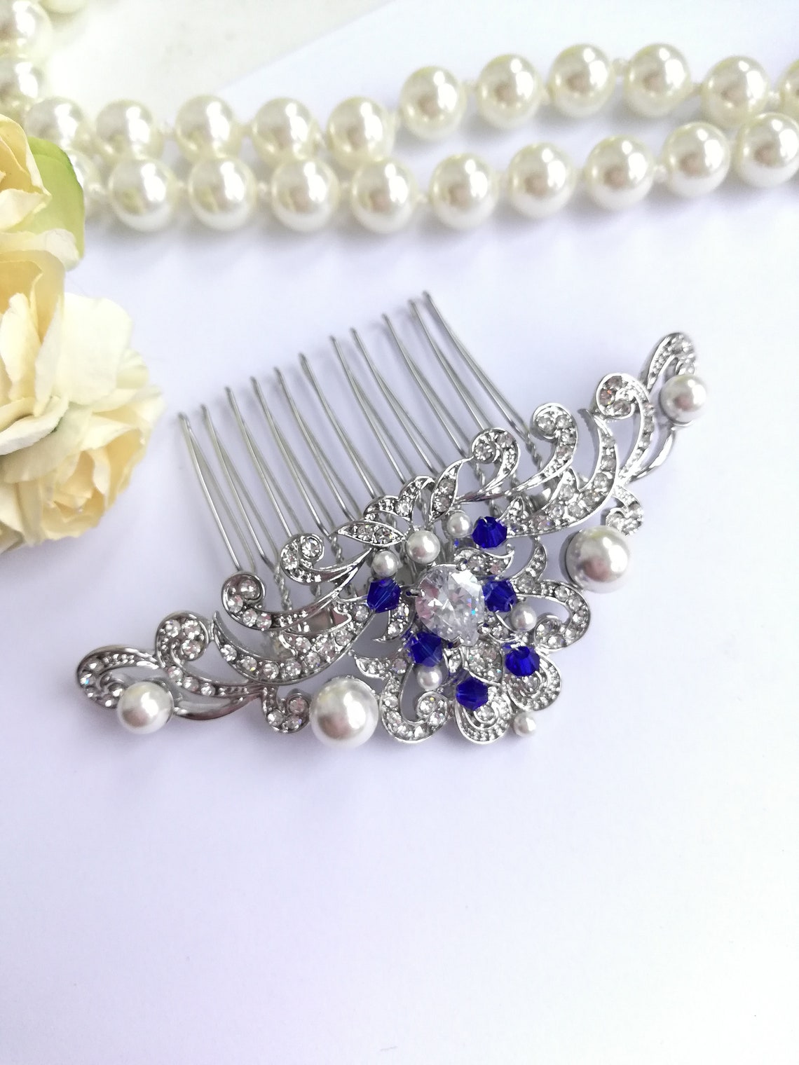 Bridal Hair Comb with pearls and dark blue beads Pearl wedding | Etsy