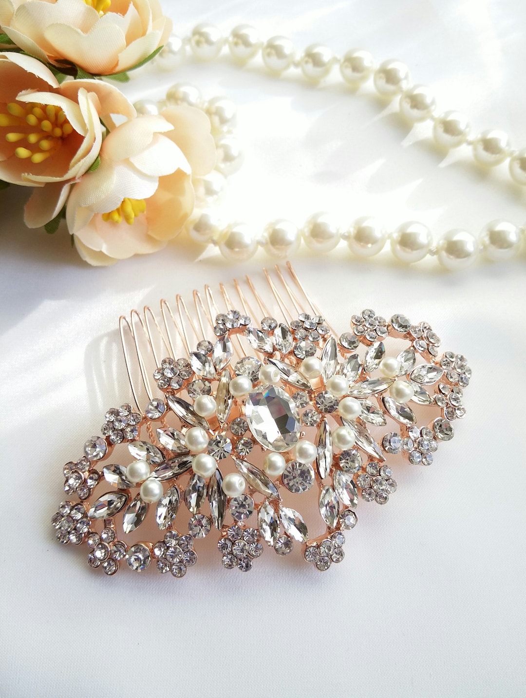 Sparkly Crystal Hair Comb With Pearls, Rose Gold Crystal Wedding Hair ...