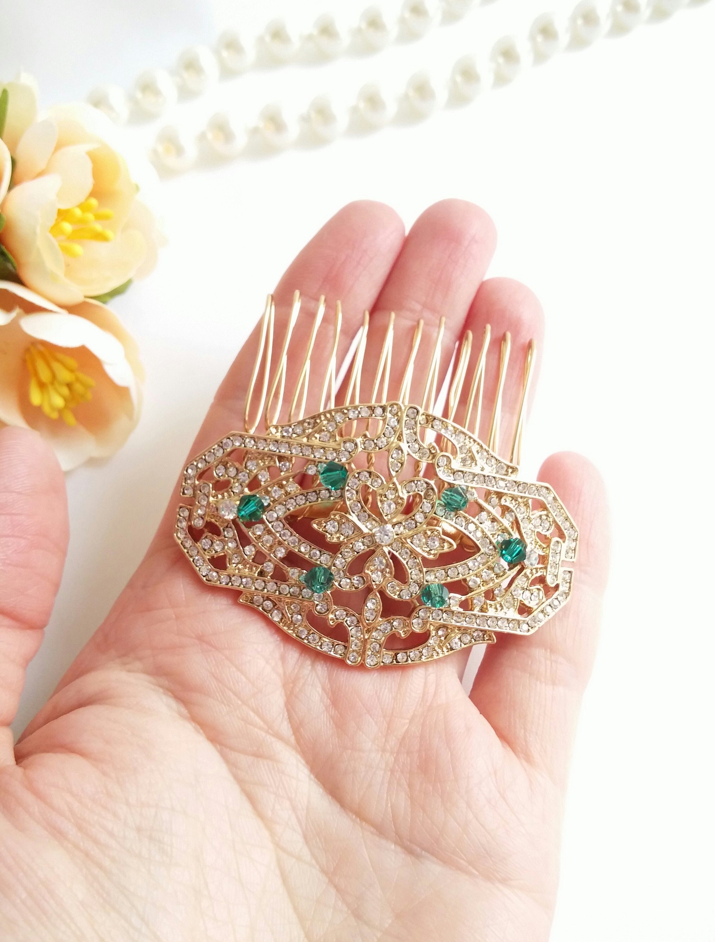 Gold Crystal Green Hair Comb Small Gold Hair Clip Gold Green - Etsy