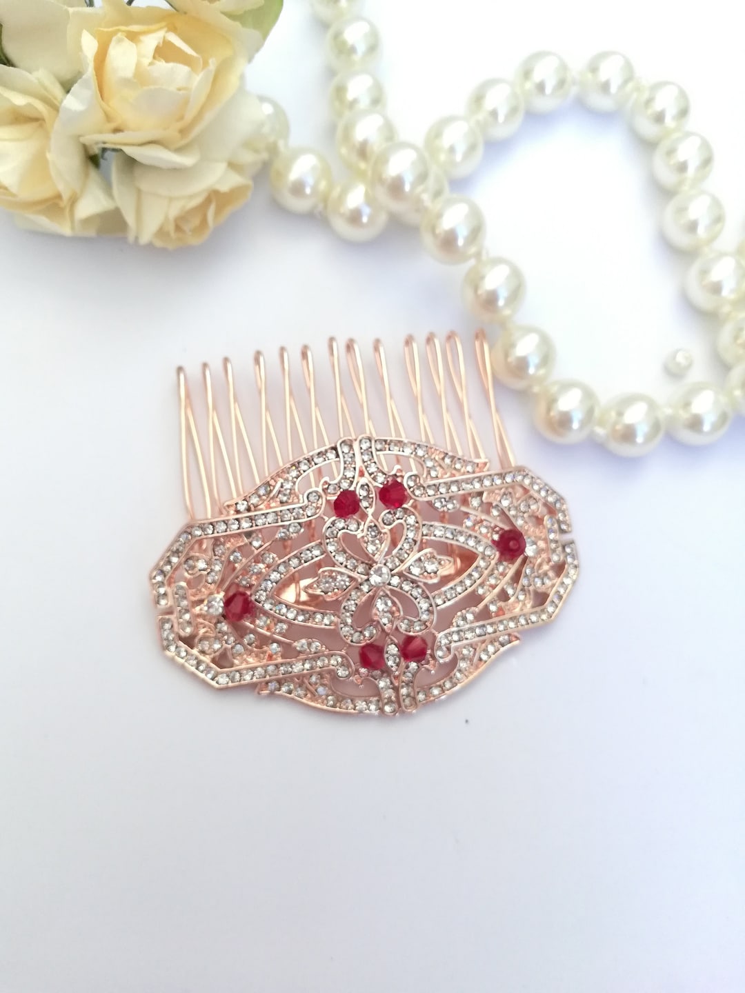 Rose Gold Hair Comb With Red Crystals Small Pink Gold Garnet Red Hair ...