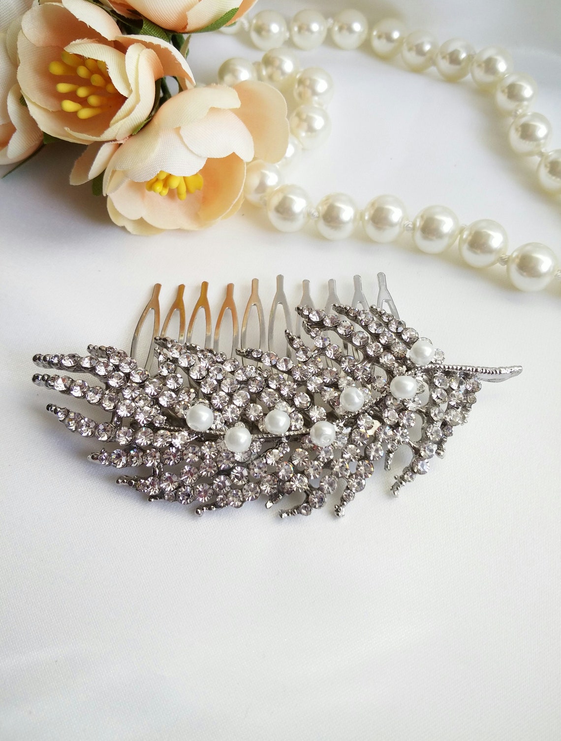 Silver Crystal Feather Hair Comb, Crystal Leaf Comb, Pearl Feather ...
