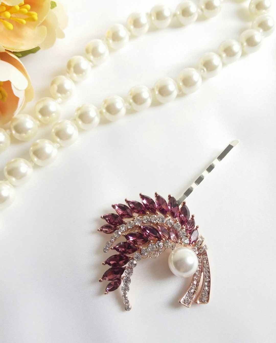 Amethyst Pearl Rose Gold Hair Pin Purple Pearl Blush Hair Clip ...