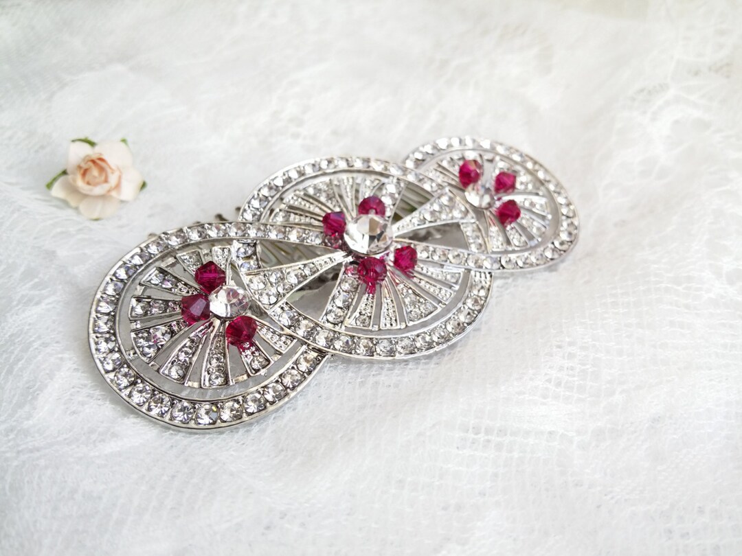 Big Ruby Red Crystal Hair Comb, Sparkly Crystals Edwardian Silver Hair ...