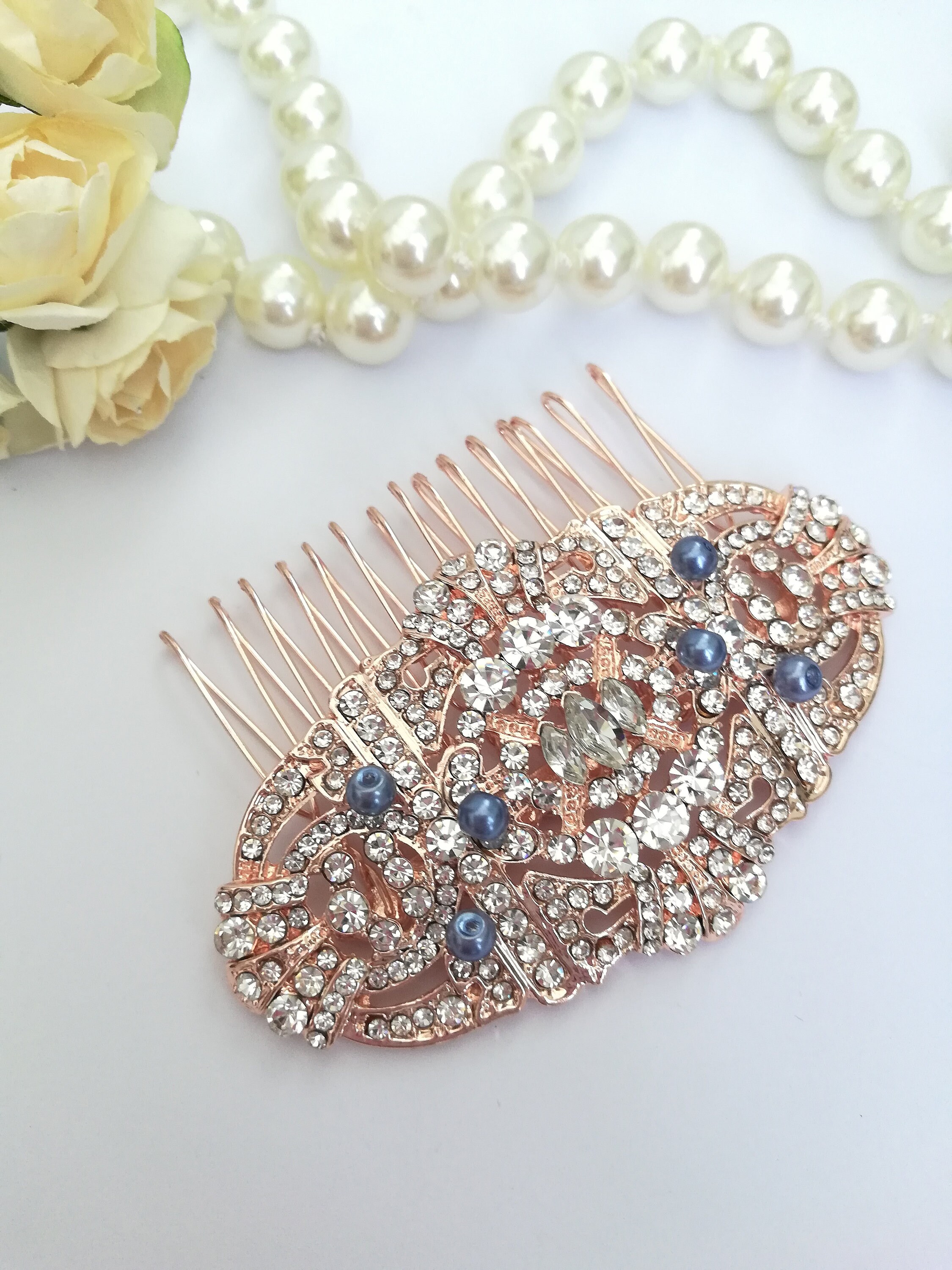Edwardian styled rose gold hair comb with light blue pearls | Etsy