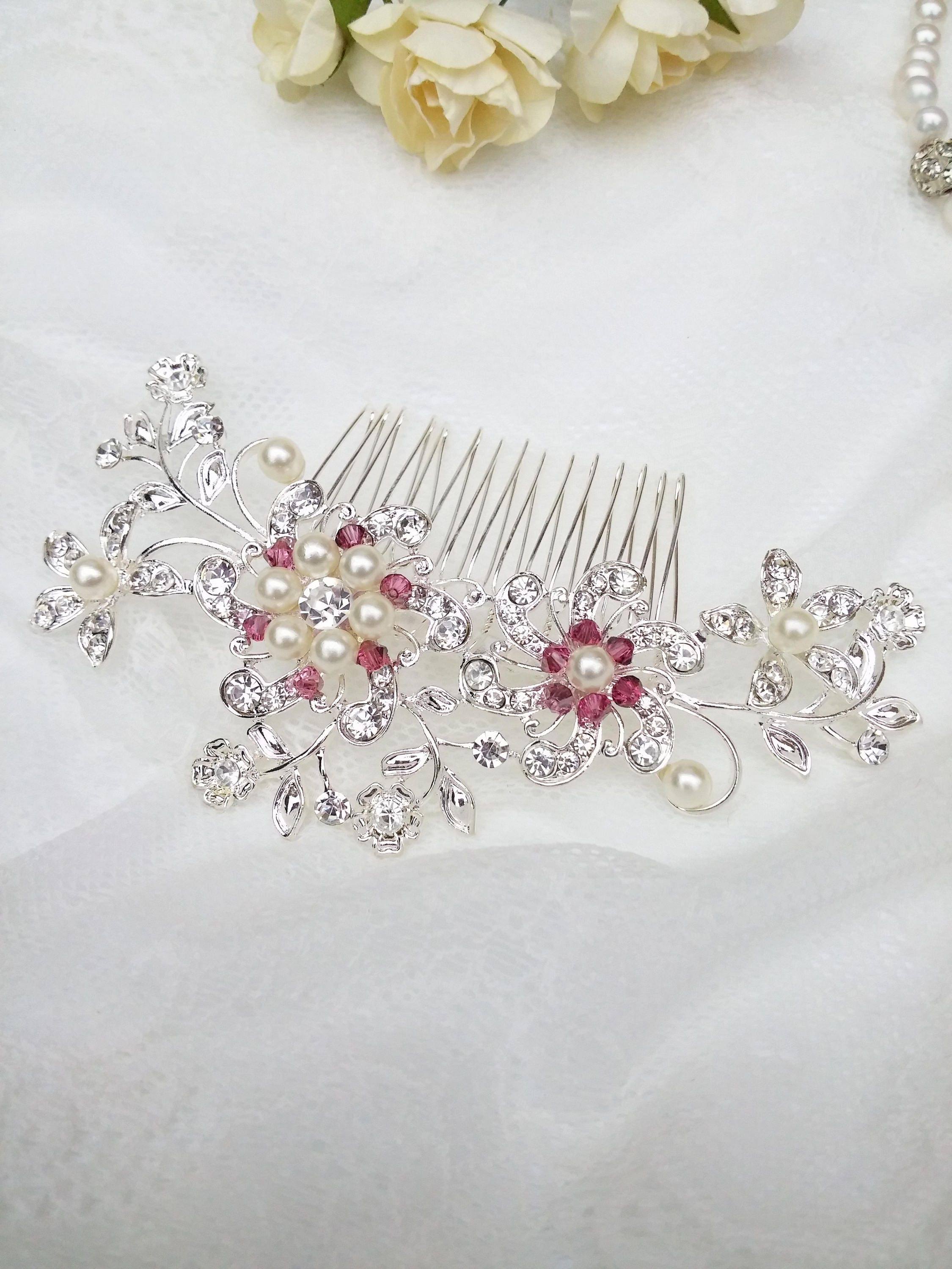 Big Silver Dusky Pink Crystal Hair Comb Pearl Haircomb Dusky - Etsy