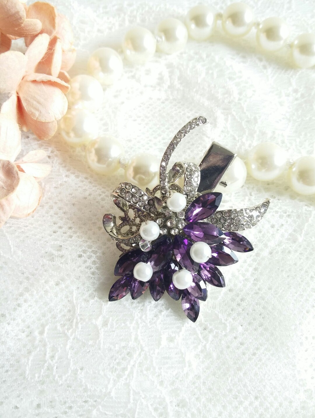 Purple Flower Hair Comb, Flower Hair Comb, Purple Pearl Wedding Hair ...