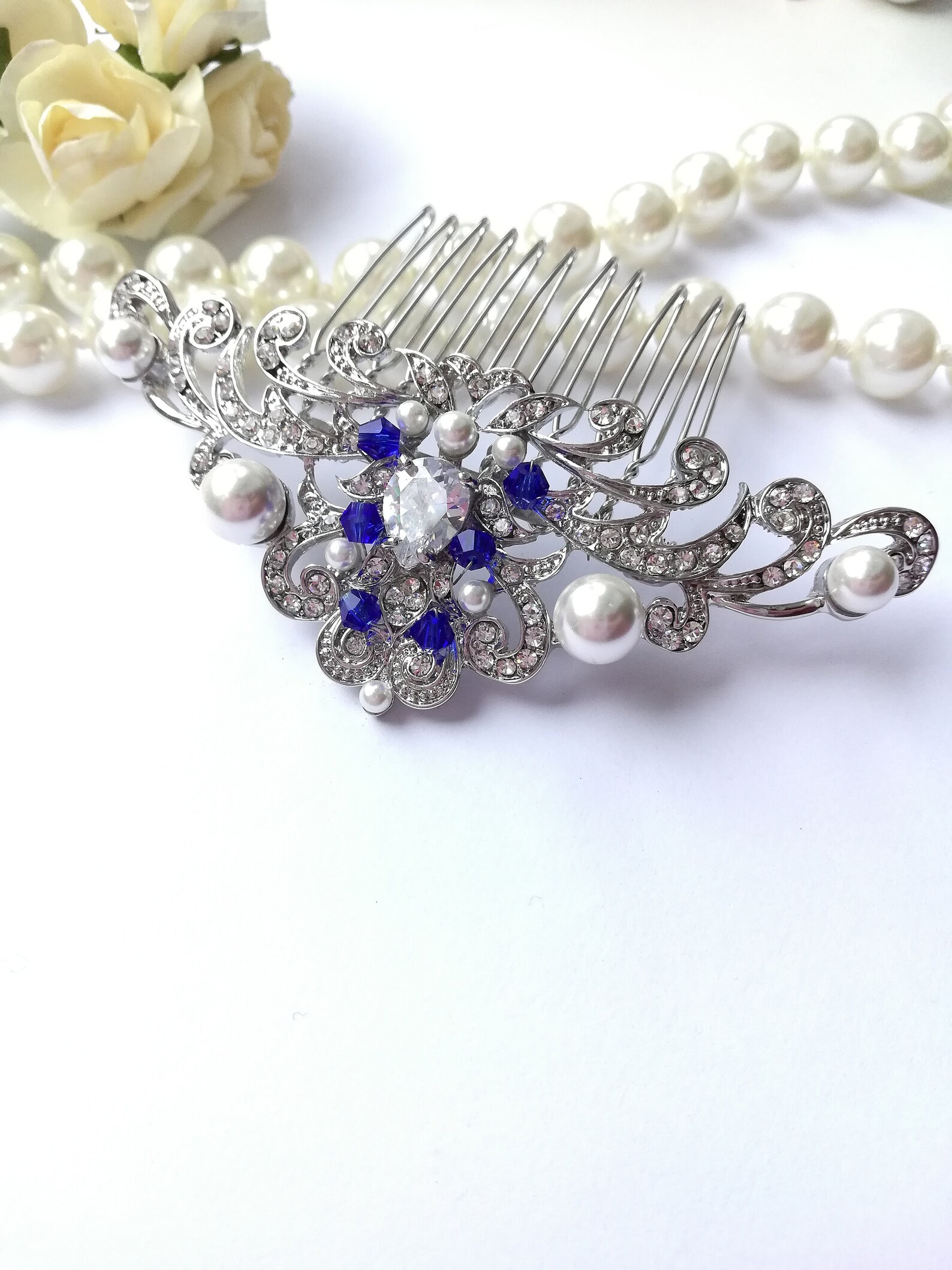 Bridal Hair Comb With Pearls and Dark Blue Beads Pearl Wedding Hair ...