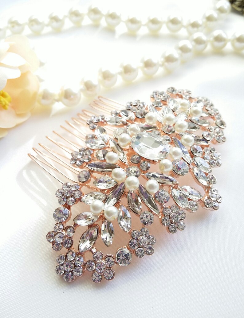 Sparkly Crystal Hair Comb With Pearls, Rose Gold Crystal Wedding Hair ...