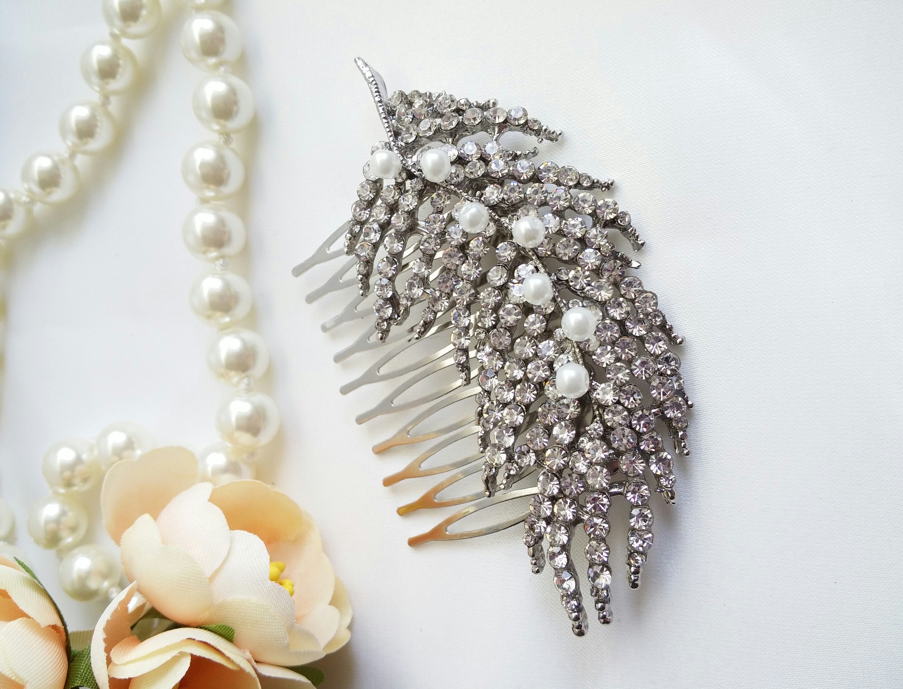 Silver Crystal Feather Hair Comb, Crystal Leaf Comb, Pearl Feather ...