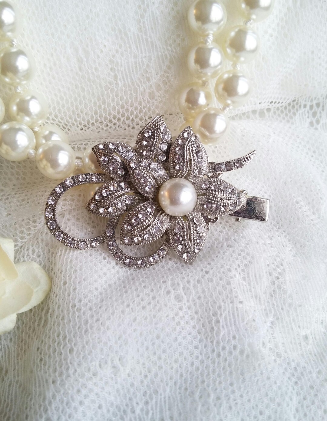 Silver Flower Hair Clip, Victorian Styled Hair Clip, Pearl Wedding Hair ...